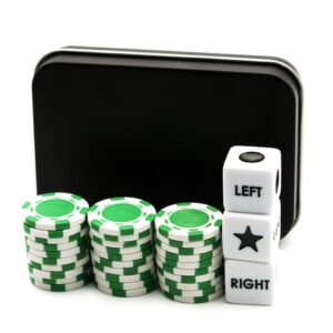 annietfr upgrade left right center dice game set with 3 dices + 30pcs 4cm green poker chips + black storage carry tin (green)