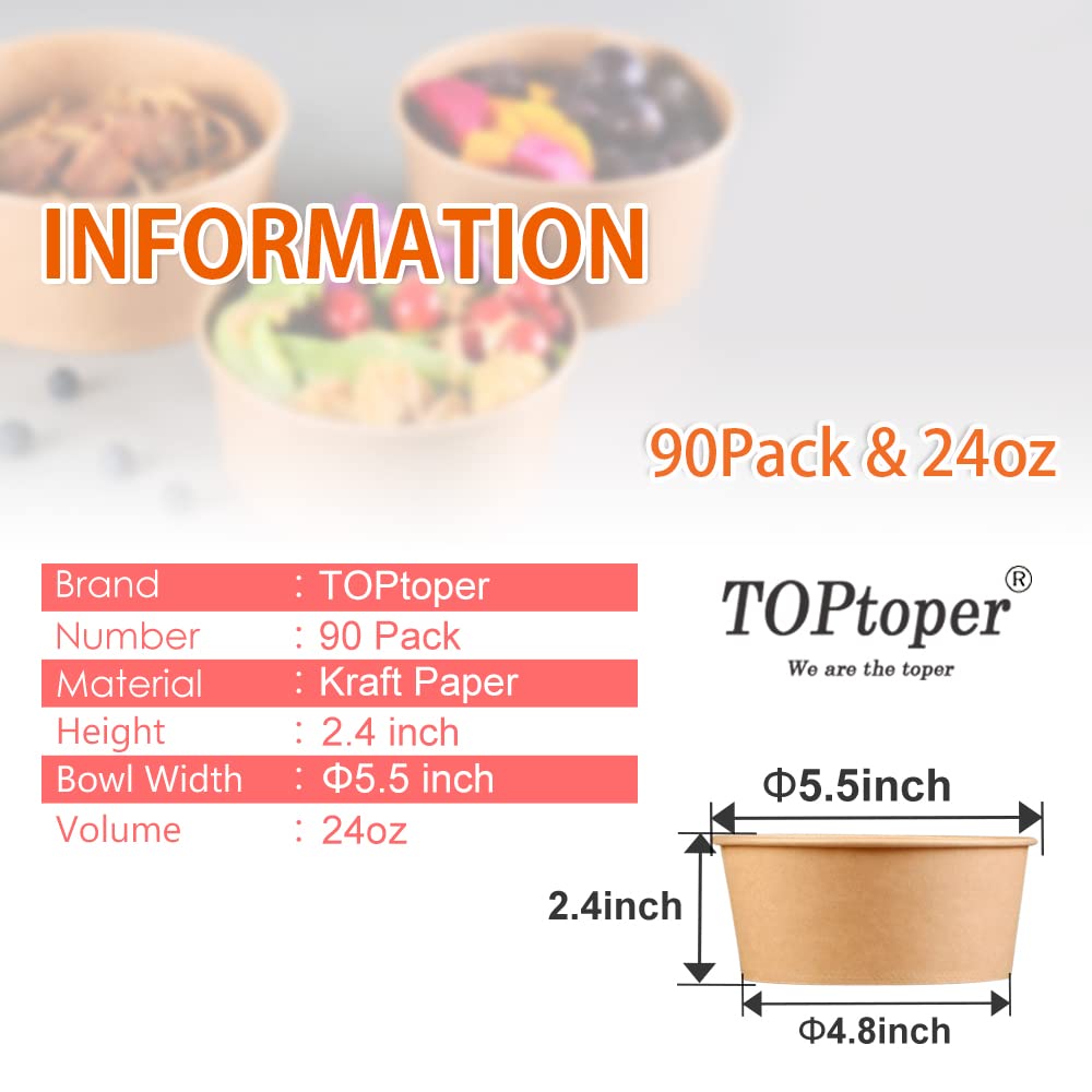 TOPtoper 24 Oz Large Paper Bowls, 90 Pack Disposable Soup Bowls Plastic Free Party Supplies for Hot/Cold Food, Soup (24 OZ)