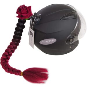 3t-sister helmet pigtails wine red rose helmet braids ponytail helmet hair with suction cup for motor bike 1pcs 24inch ombre black to wine red (helmet not included)