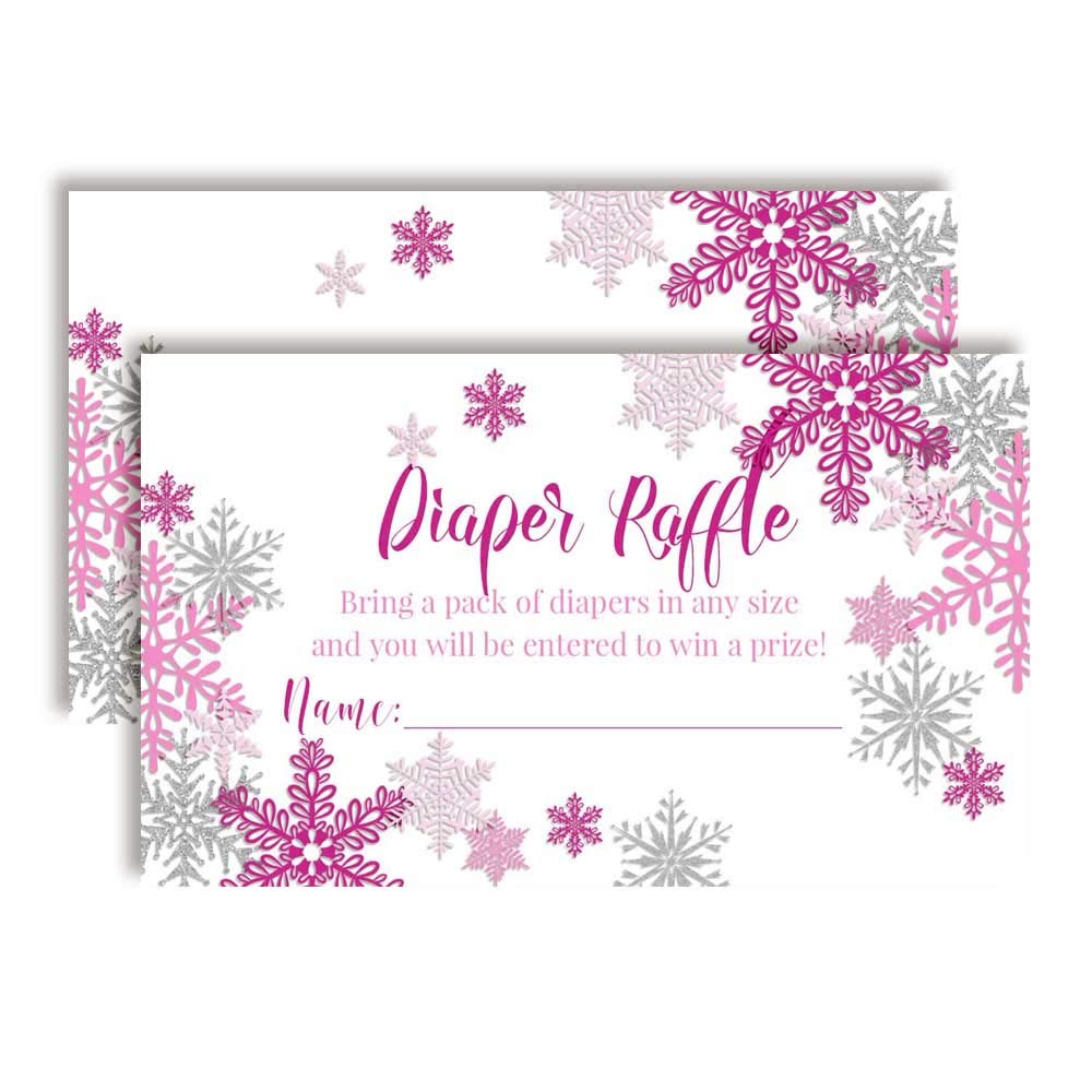 Pink and Silver Snowflake Diaper Raffle Tickets for Girl Baby Showers, 20 2" X 3” Double Sided Insert Cards for Games by AmandaCreation, Bring a Pack of Diapers to Win Favors & Prizes!