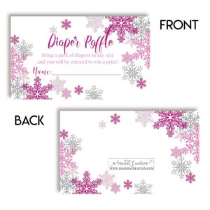 Pink and Silver Snowflake Diaper Raffle Tickets for Girl Baby Showers, 20 2" X 3” Double Sided Insert Cards for Games by AmandaCreation, Bring a Pack of Diapers to Win Favors & Prizes!