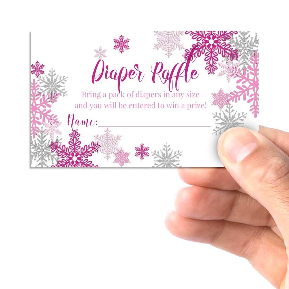 Pink and Silver Snowflake Diaper Raffle Tickets for Girl Baby Showers, 20 2" X 3” Double Sided Insert Cards for Games by AmandaCreation, Bring a Pack of Diapers to Win Favors & Prizes!