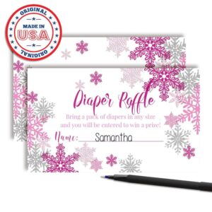 Pink and Silver Snowflake Diaper Raffle Tickets for Girl Baby Showers, 20 2" X 3” Double Sided Insert Cards for Games by AmandaCreation, Bring a Pack of Diapers to Win Favors & Prizes!