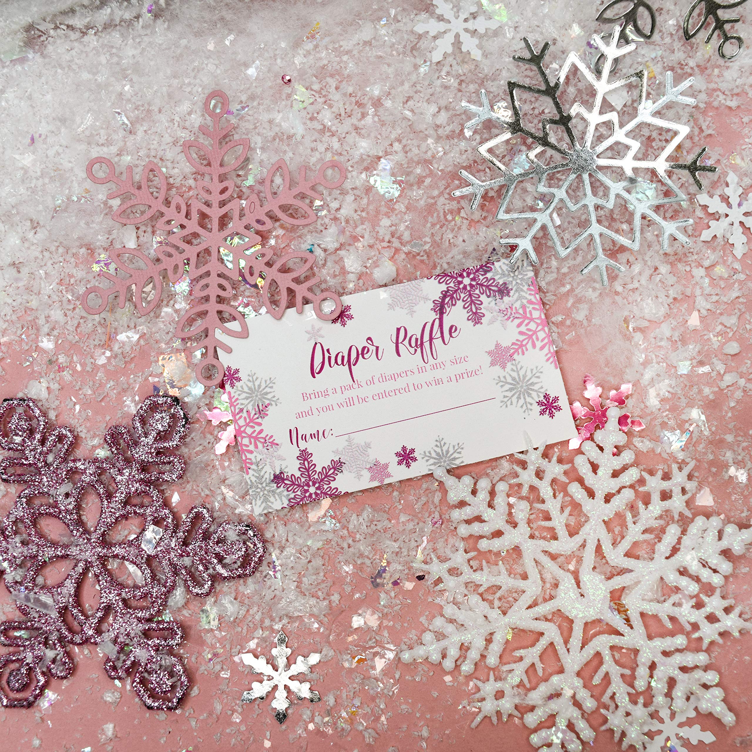 Pink and Silver Snowflake Diaper Raffle Tickets for Girl Baby Showers, 20 2" X 3” Double Sided Insert Cards for Games by AmandaCreation, Bring a Pack of Diapers to Win Favors & Prizes!