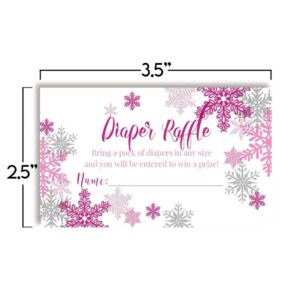 Pink and Silver Snowflake Diaper Raffle Tickets for Girl Baby Showers, 20 2" X 3” Double Sided Insert Cards for Games by AmandaCreation, Bring a Pack of Diapers to Win Favors & Prizes!