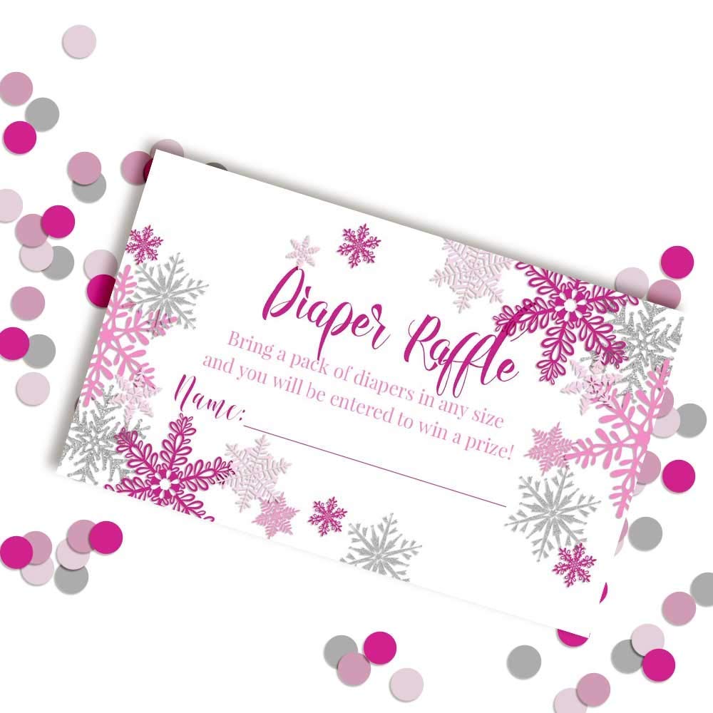 Pink and Silver Snowflake Diaper Raffle Tickets for Girl Baby Showers, 20 2" X 3” Double Sided Insert Cards for Games by AmandaCreation, Bring a Pack of Diapers to Win Favors & Prizes!