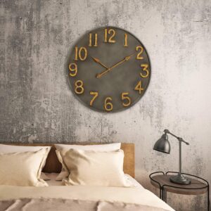 WHW Whole House Worlds Industrial Modern Wall Clock, Pewter Grey Metal, Antique Gold Numerals, Quartz Movement, 30 Inches Diameter, Oversized