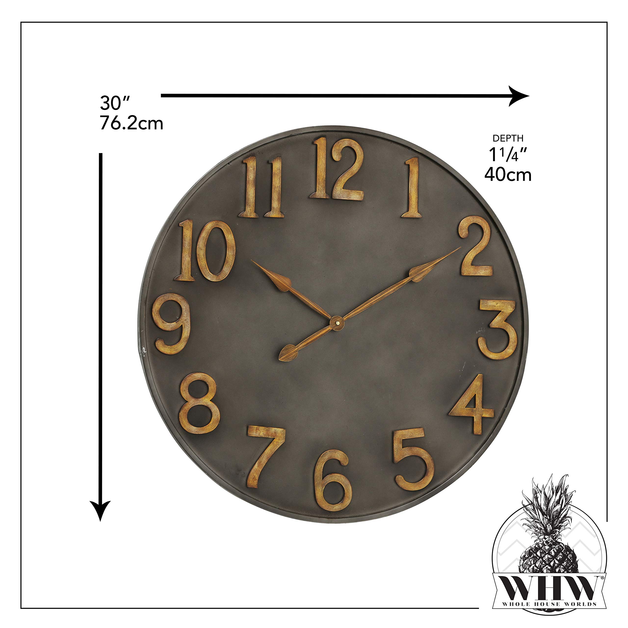 WHW Whole House Worlds Industrial Modern Wall Clock, Pewter Grey Metal, Antique Gold Numerals, Quartz Movement, 30 Inches Diameter, Oversized