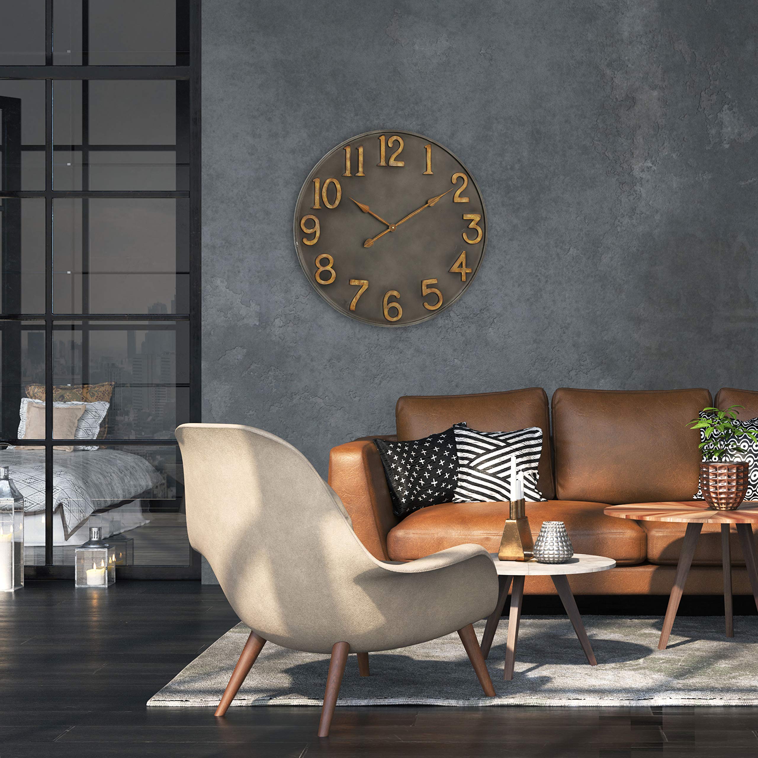 WHW Whole House Worlds Industrial Modern Wall Clock, Pewter Grey Metal, Antique Gold Numerals, Quartz Movement, 30 Inches Diameter, Oversized