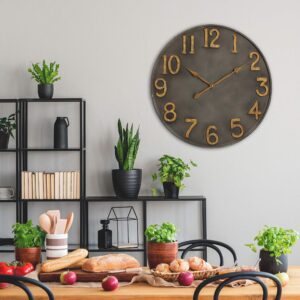 WHW Whole House Worlds Industrial Modern Wall Clock, Pewter Grey Metal, Antique Gold Numerals, Quartz Movement, 30 Inches Diameter, Oversized