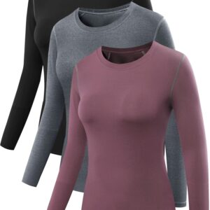 NELEUS Women's 3 Pack Dry Fit Athletic Compression Long Sleeve T Shirt,8019,Black/Grey/Rosy Brown,US L,EU XL