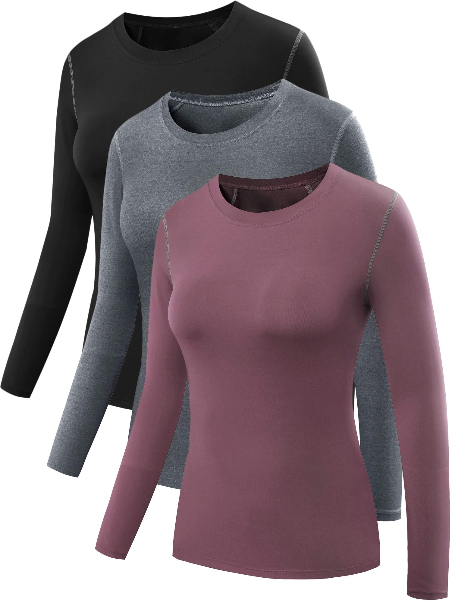 NELEUS Women's 3 Pack Dry Fit Athletic Compression Long Sleeve T Shirt,8019,Black/Grey/Rosy Brown,US L,EU XL