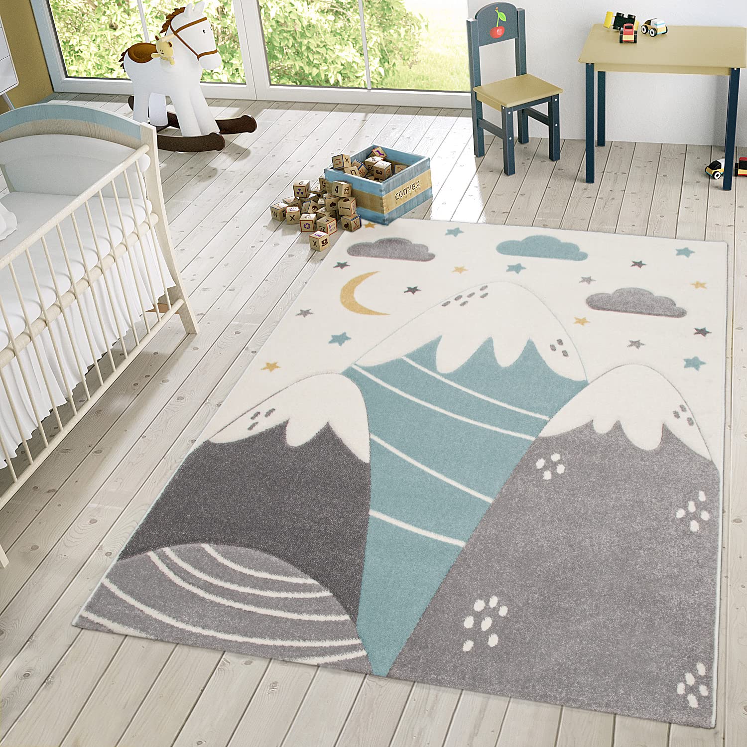 Paco Home Kids Rug for Childrens Room Mountains Starry-Sky in Light Blue Gray White, Size: 6'7" x 9'6"