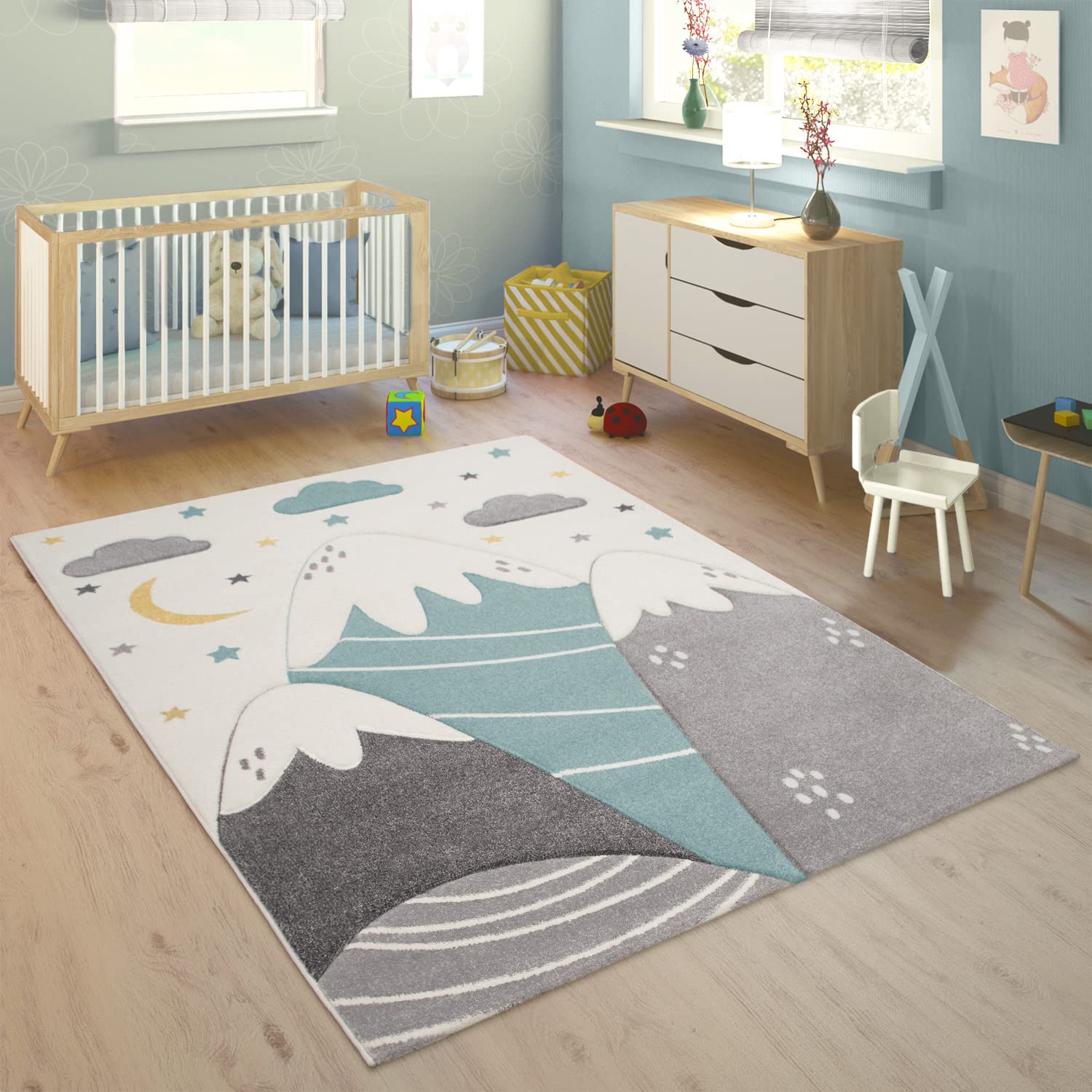 Paco Home Kids Rug for Childrens Room Mountains Starry-Sky in Light Blue Gray White, Size: 6'7" x 9'6"