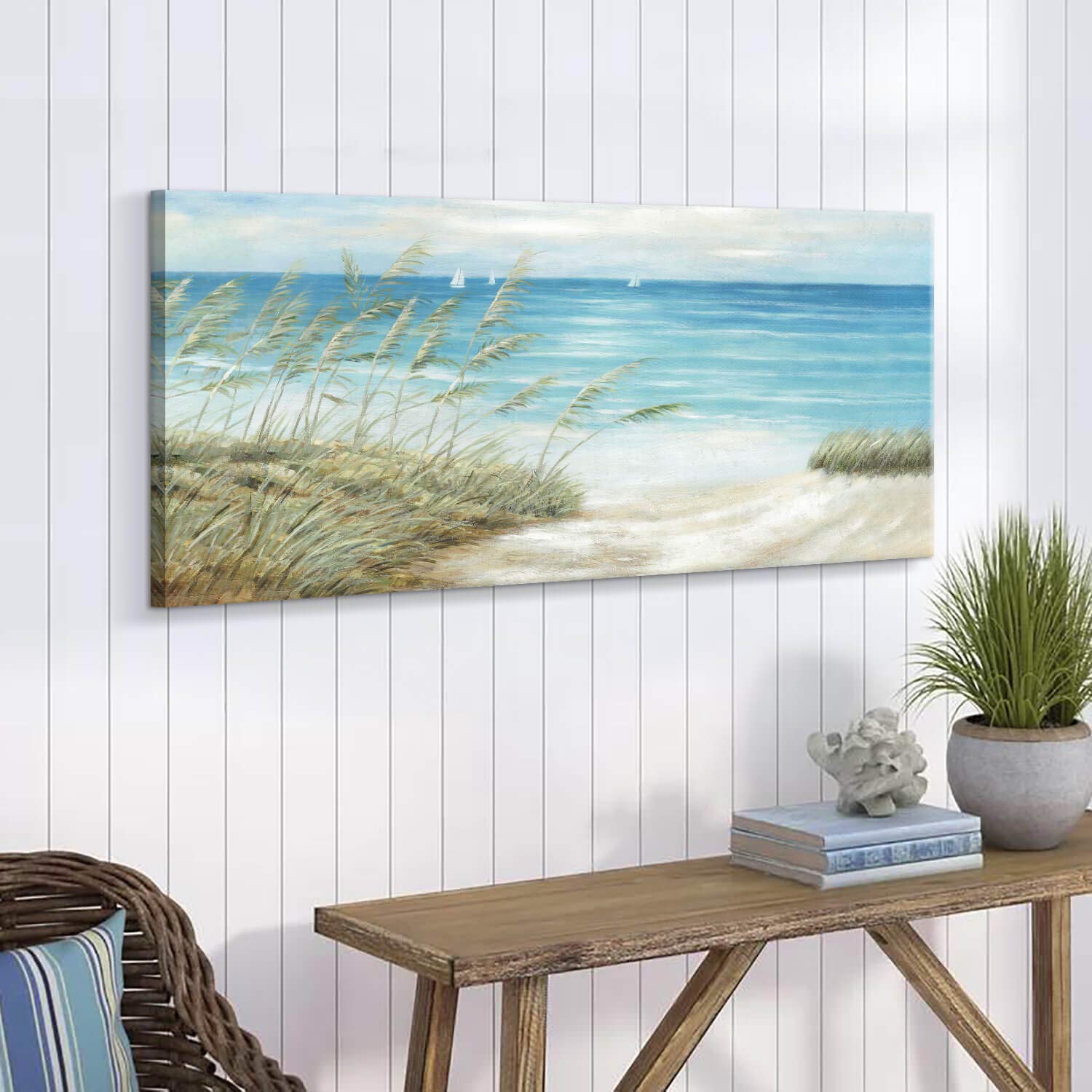 TAR TAR STUDIO Seascape Canvas Painting Wall Art: Oil Painting Style Beach Theme with Hand Painted Texture Canvas Art Wall Décor for Living Room (48" W x 24" H, Multiple Sizes)