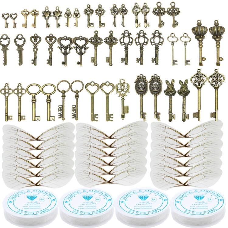 46 PCS Antique Bronze Vintage Skeleton Keys Charms Potter Flying Keys Enchanted Key With 50 Pairs Dragonfly Wings and 105 Yards Fishing Line For Jewelry Making Necklace Crafts