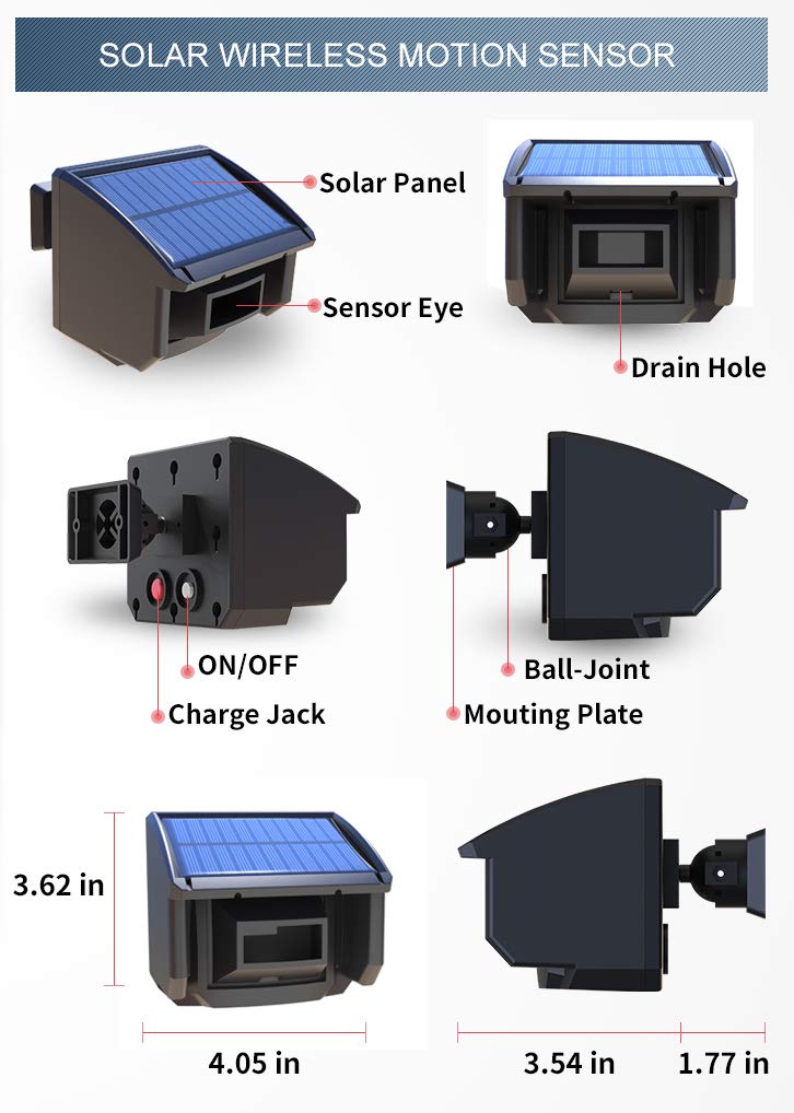 Extra Solar Wireless Outdoor Weatherproof Motion Sensor/Detector for HTZSAFE Alarms-1/4 Mile Wireless Transmission Range-Up to 50FT Sensor Range 3 Adjustable Sensitivities