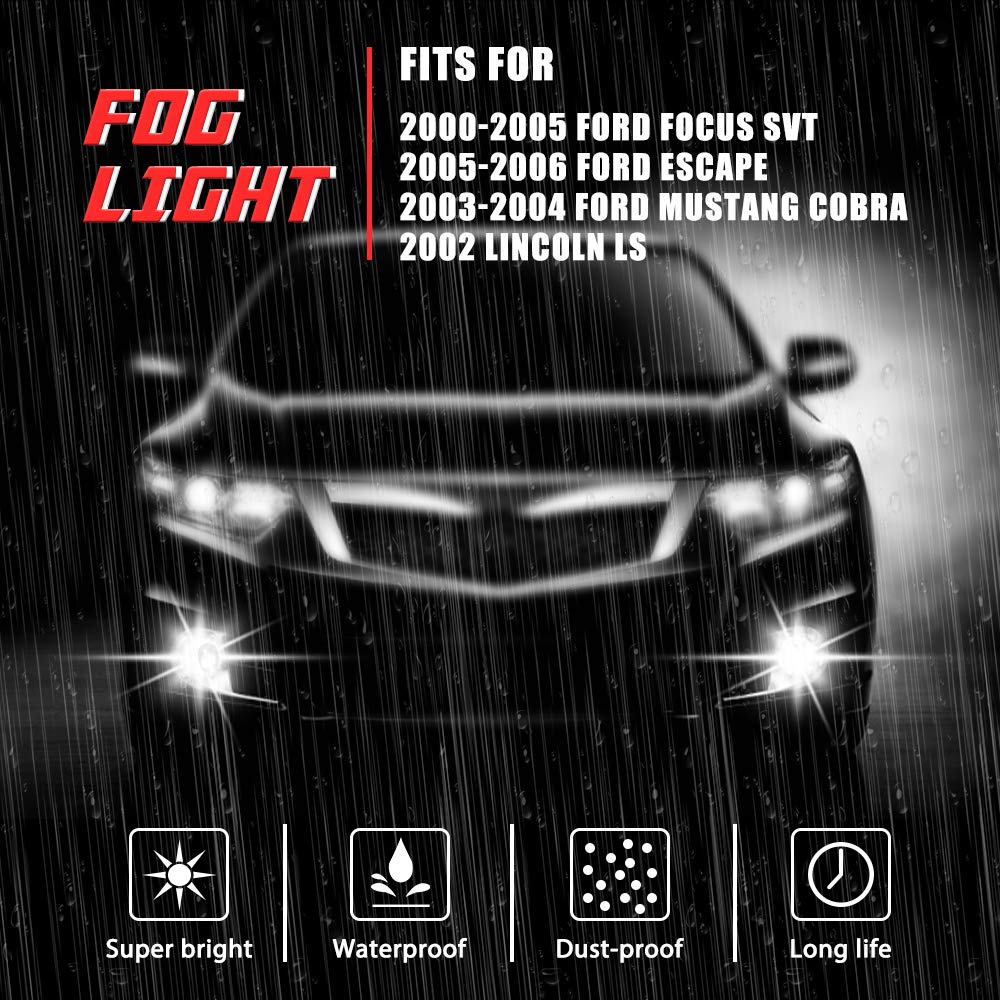 Driving Fog Lights Lamps Replacement for 05-06 Ford Escape, 03-04 Ford Mustang Cobra (SVT Model Only), 02-04 Ford Focus SVT, 2002 Lincoln LS with H10 12V 42W Halogen Bulbs (Clear Lens)