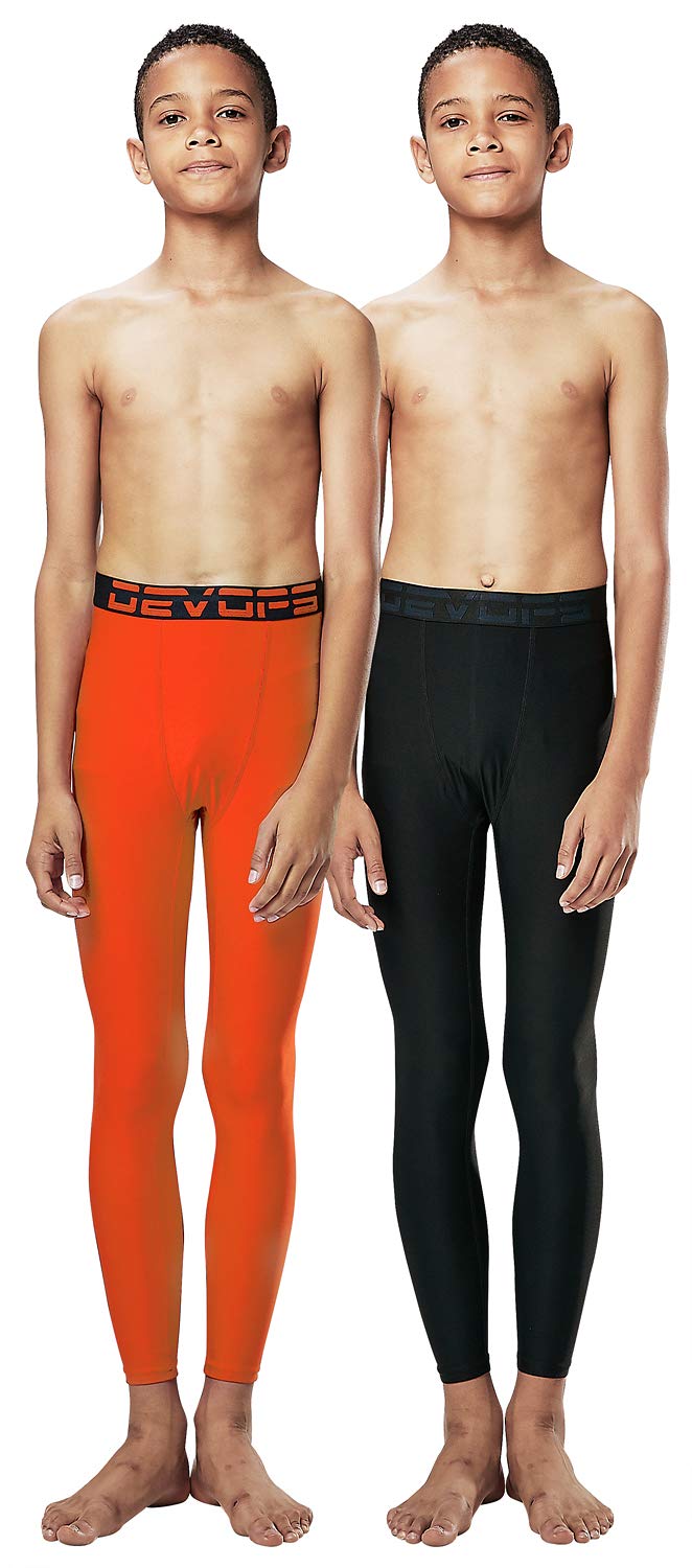 DEVOPS Boys 2-Pack UPF 50+ Compression Tights Sport Leggings Baselayer Pants (Small, Black/Orange)