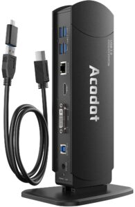 usb 3.0 universal docking station, acodot 13 in 1 laptop docking station dual monitor for windows and mac, usb c docking station with hdmi, vga, dvi, 6x usb 3.0, gigabit ethernet, audio