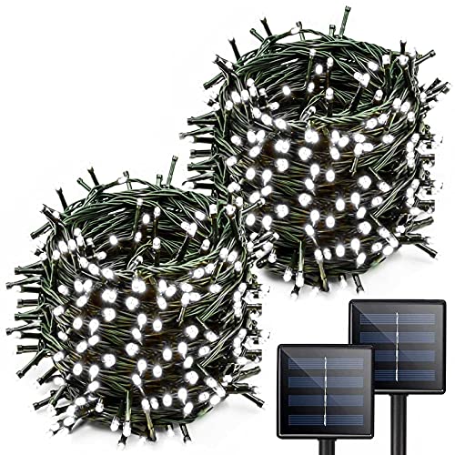 YIQU White Extra-Long 2-Pack Each 72ft 200 LED Solar String Lights Outdoor, Waterproof Green Wire 8 Lighting Modes Solar Christmas Lights for Garden Patio Tree Party Wedding Decorations (Cool White)