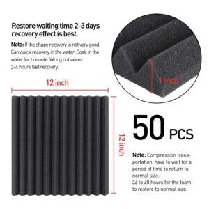 Focusound 50 Pack Acoustic Foam Panels 1" x 12" x 12" Sound Proof Foam Panles High Desnsity and Fire Resistant Soundproof Wedge Panels for Home Office Recoding Studio with 270PCS Double-Side Adhesive