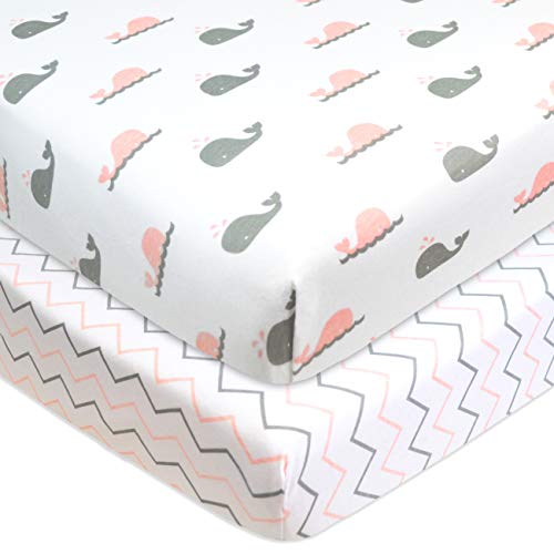 American Baby Company 2 Pack Fitted Pack N Play Playard Sheet 27" x 39", Soft Breathable Neutral 100% Cotton Jersey Pack and Play Sheet, Pink Whale/Zigzag, for Boys and Girls, Fits Most Mini Crib