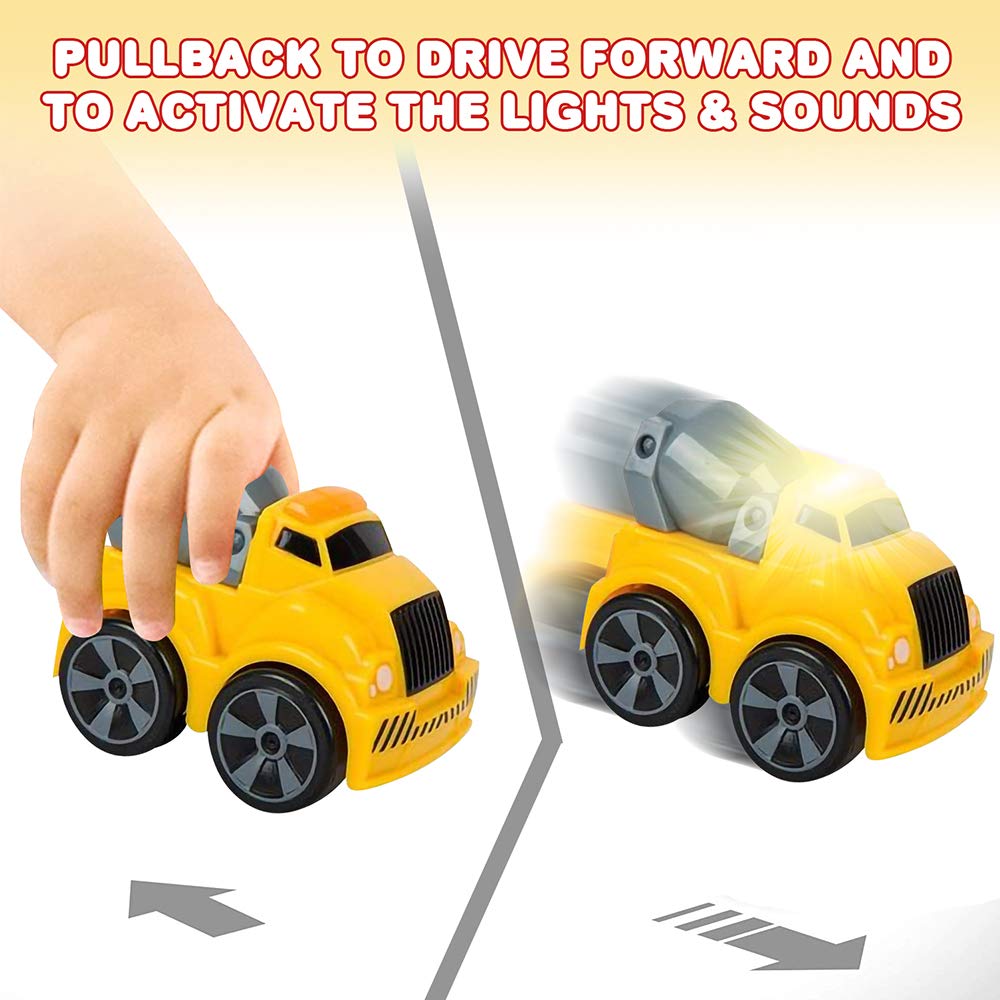 ArtCreativity 3.5 Inch Pull Back Construction Vehicle Set with Lights & Sound, Set of 3, Includes Mini Dump Truck, Tow Truck, and Concrete Mixer, Best Gift for Kids, Party Favors for Boys Girls