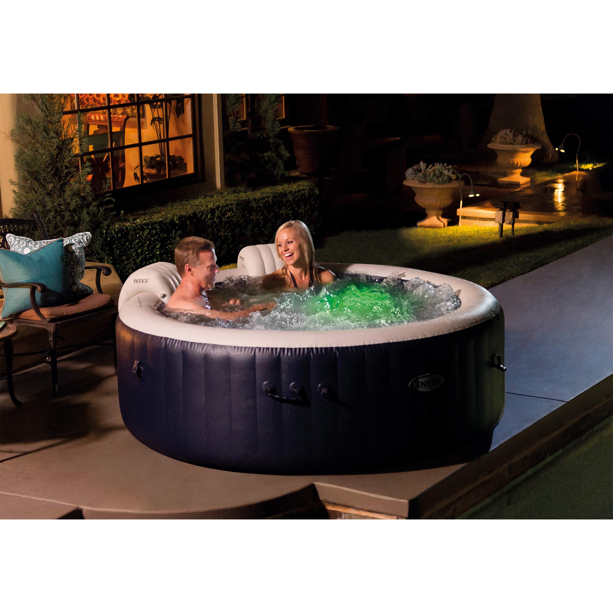 Intex 28429E PureSpa Plus 6.4 Foot Diameter 4 Person Portable Inflatable Hot Tub Spa with 140 Bubble Jets and Built In Heater Pump, Blue