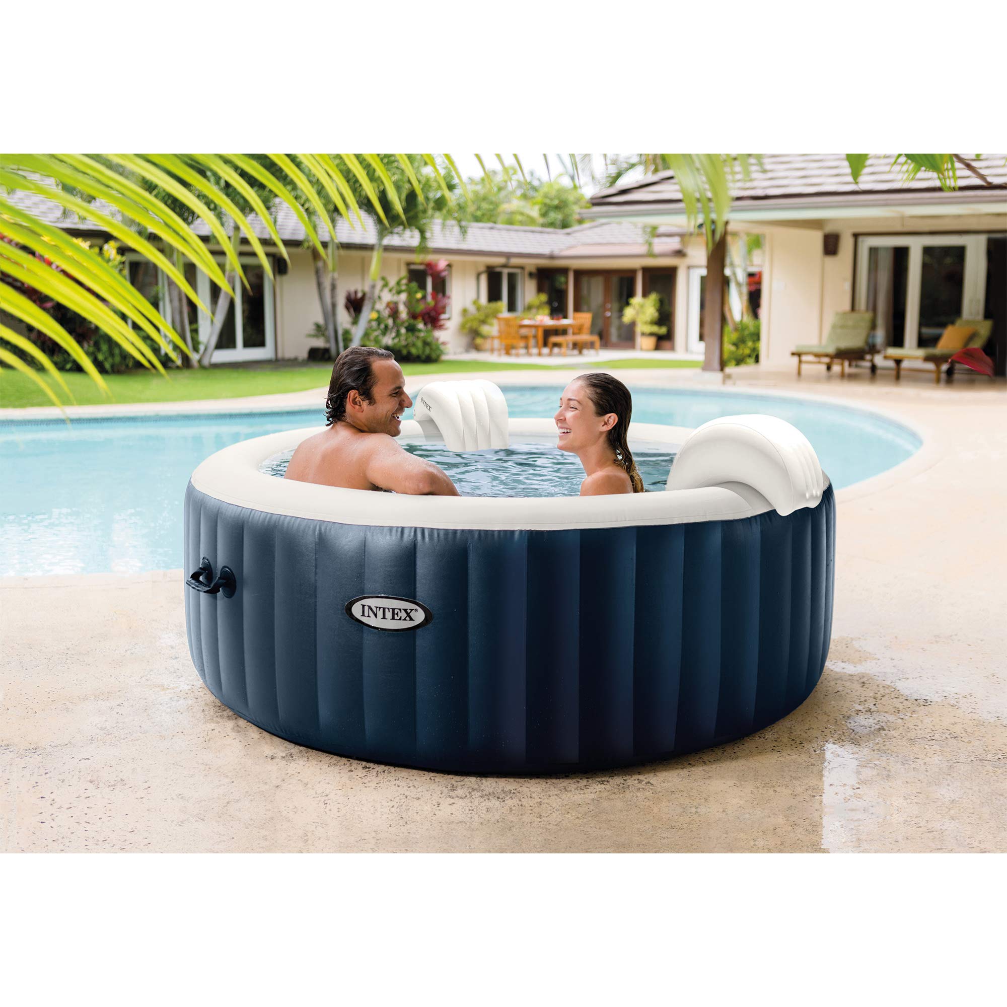 Intex 28429E PureSpa Plus 6.4 Foot Diameter 4 Person Portable Inflatable Hot Tub Spa with 140 Bubble Jets and Built In Heater Pump, Blue