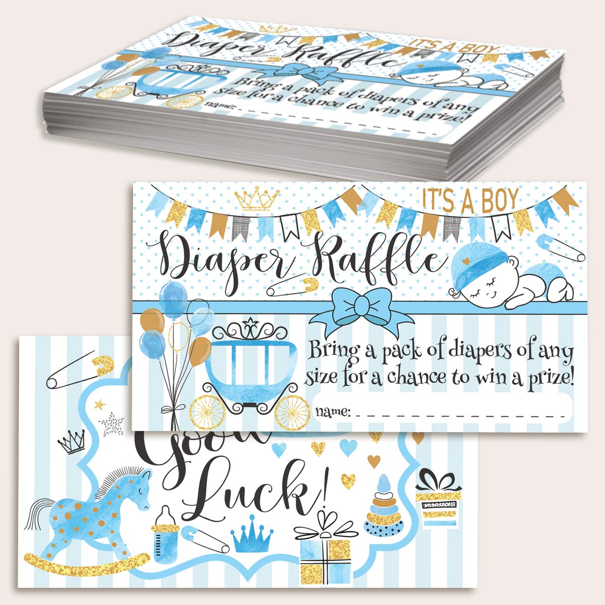 Diaper Raffle Tickets - It's A Boy - Set of 50 Double-Sided Raffle Cards - Blank Baby Shower Stationery - Fun and Colorful Baby Shower Supplies for Under $15!