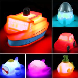 6 packs no hole boat bath toy set, light up changing color in water, floating rubber bathtub toys for baby toddler infant boy girl kid play, led growing pal in shower bathroom tub or swimming pool