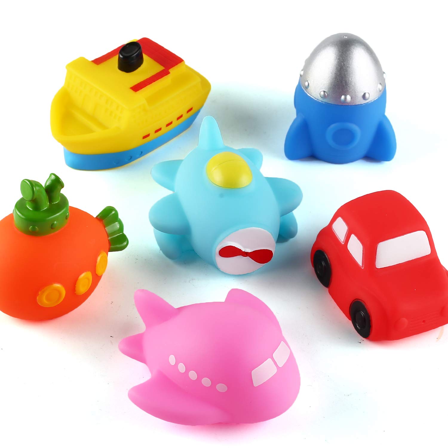 6 packs No Hole Boat Bath Toy Set, Light up Changing Color in Water, Floating Rubber Bathtub Toys for Baby Toddler Infant Boy Girl Kid Play, Led Growing Pal in Shower Bathroom Tub or swimming pool