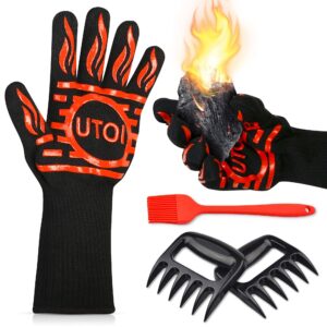 utoi bbq grill accessories kit, 1472°f heat resistant bbq gloves oven mitts & meat shredder claws & silicone sauce basting brush for safe grilling, baking, barbecue, smoker & outdoor cooking