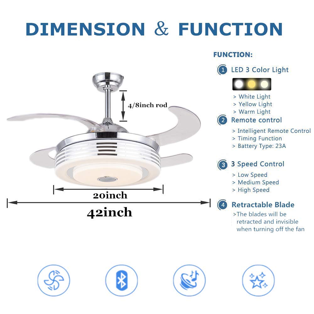 Fandian 42" Ceiling Fan with Lights Smart Bluetooth Speaker Remote Control Chandeliers, Retractable Blades, 3 Speed, Dimmable 7 Color Change Lighting for Living Room Bedroom