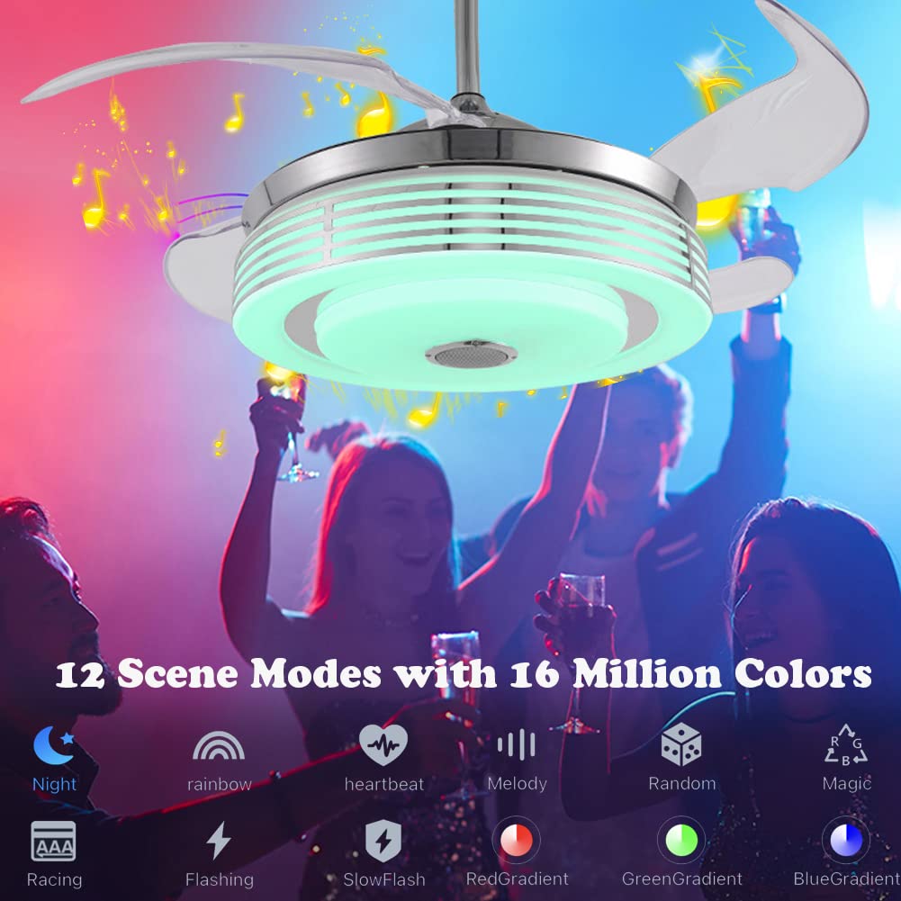 Fandian 42" Ceiling Fan with Lights Smart Bluetooth Speaker Remote Control Chandeliers, Retractable Blades, 3 Speed, Dimmable 7 Color Change Lighting for Living Room Bedroom