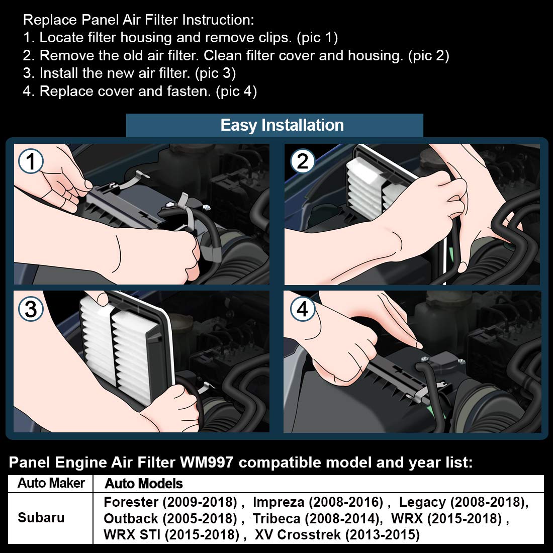 WISAMIC Engine Air Filter Compatible with Subaru: Outback(2005-2018), Forester(2009-2018), Legacy(2008-2018), WRX(2015-2018), XV Crosstrek (2013-2015), Tribeca(2006-2014), WM997, Replace CA9997