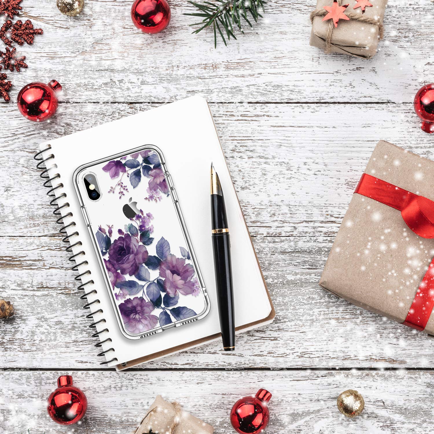 bicol foriPhone X Case,iPhone Xs Case,Elegant Purple Floral Flower Pattern Clear with Design Plastic Cover Soft TPU Bumper Protective Silicone Cover Phone Case for iPhone X/iPhone Xs