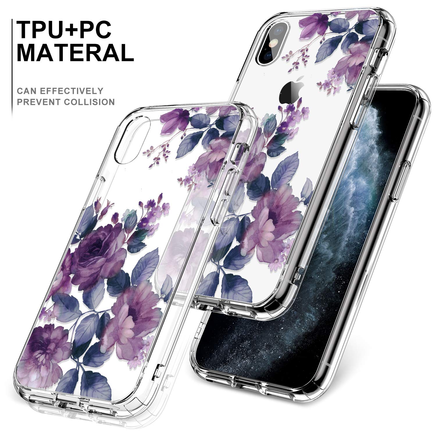 bicol foriPhone X Case,iPhone Xs Case,Elegant Purple Floral Flower Pattern Clear with Design Plastic Cover Soft TPU Bumper Protective Silicone Cover Phone Case for iPhone X/iPhone Xs