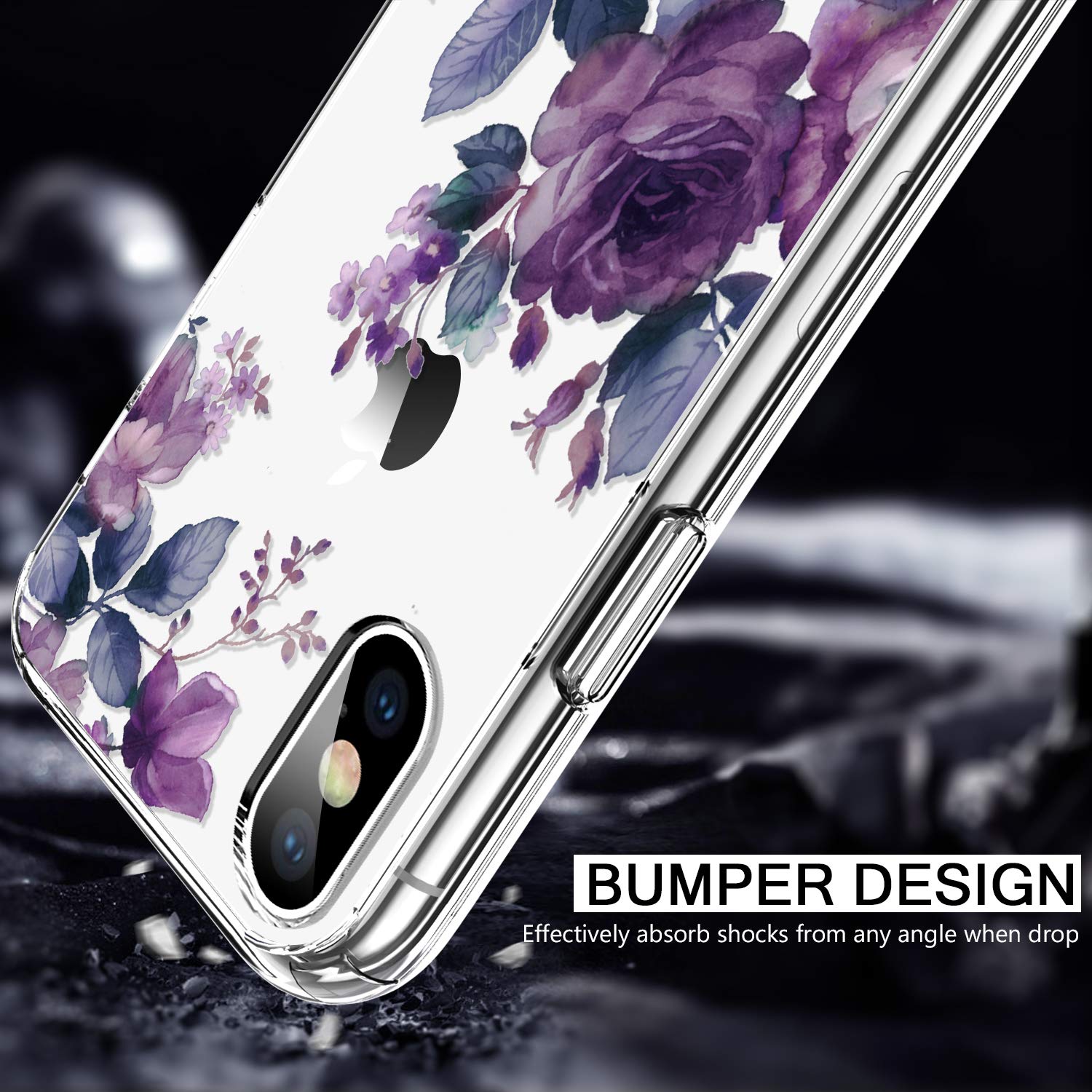 bicol foriPhone X Case,iPhone Xs Case,Elegant Purple Floral Flower Pattern Clear with Design Plastic Cover Soft TPU Bumper Protective Silicone Cover Phone Case for iPhone X/iPhone Xs