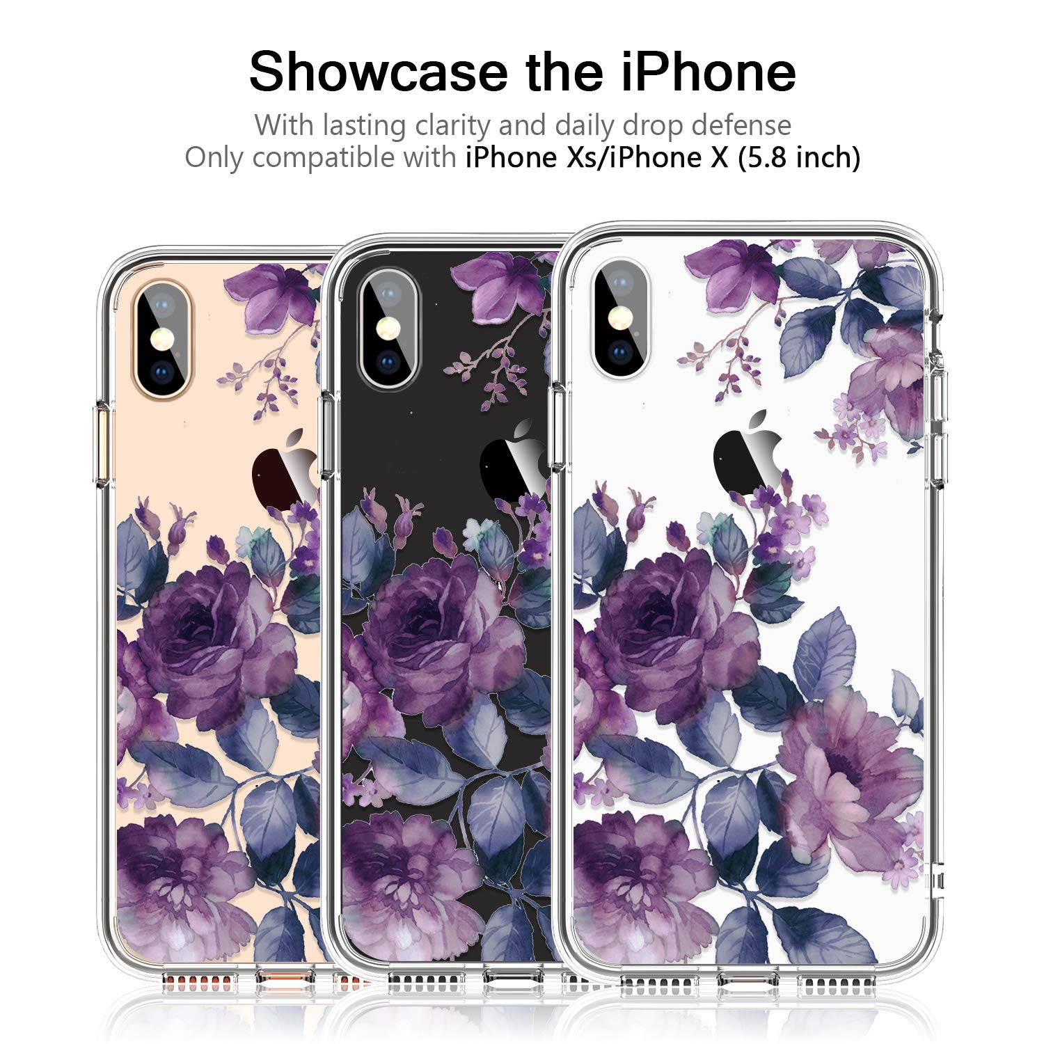 bicol foriPhone X Case,iPhone Xs Case,Elegant Purple Floral Flower Pattern Clear with Design Plastic Cover Soft TPU Bumper Protective Silicone Cover Phone Case for iPhone X/iPhone Xs