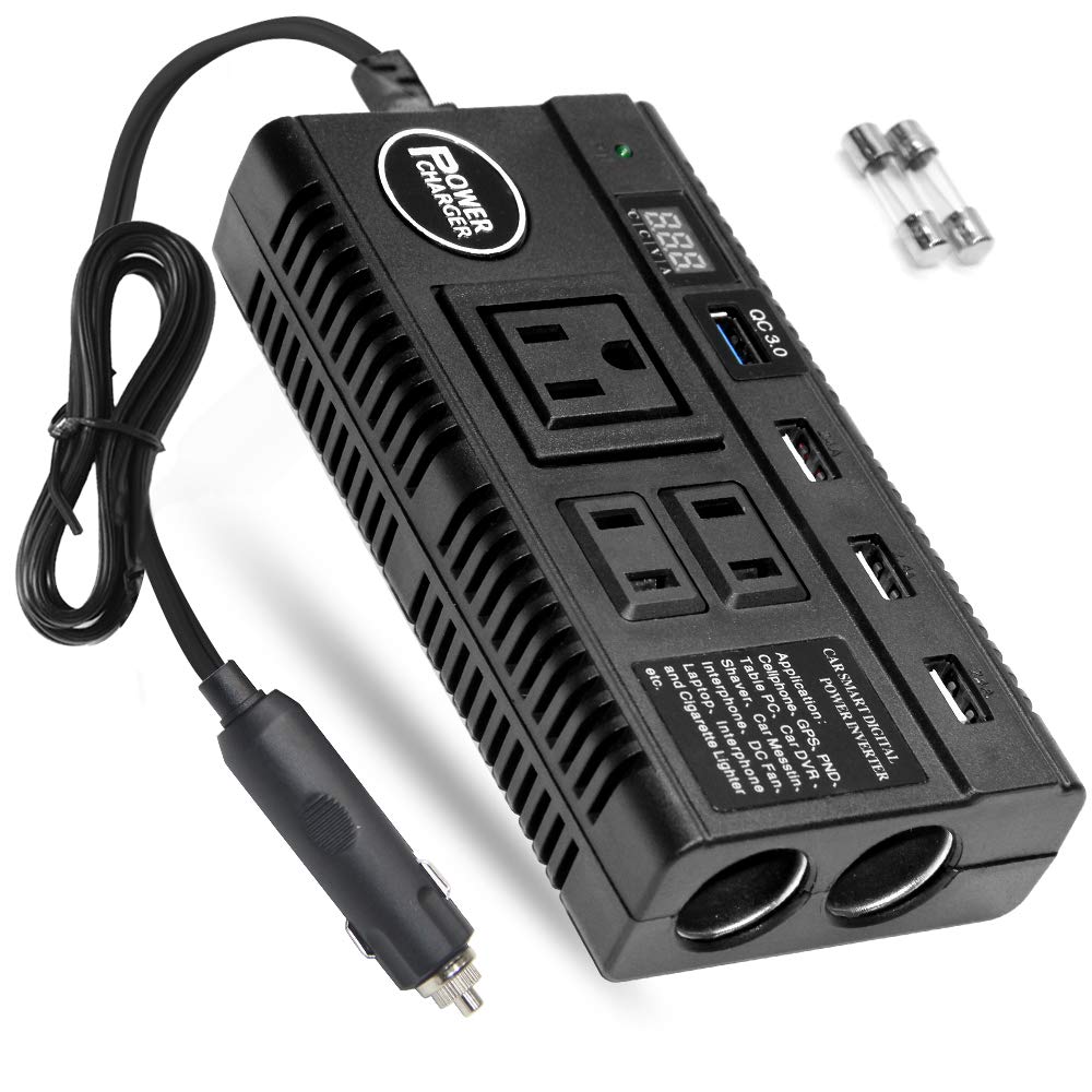 Car Power Inverter 120W 12V 24V DC to 110V AC 4 USB Ports Car Charger Adapter with 3 AC Outlets Dual Cigarette Lighter Charger + Digital LED Display for Phones Tablets PC Laptops (120W)