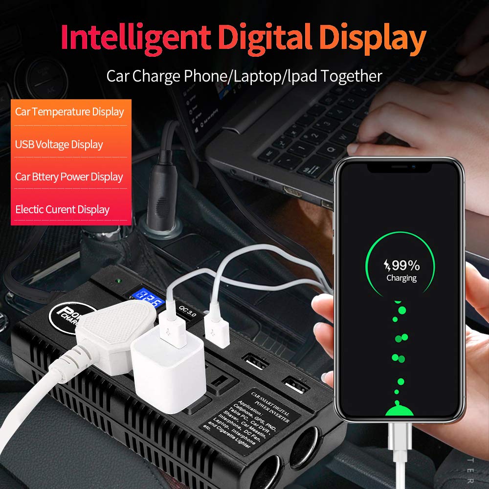 Car Power Inverter 120W 12V 24V DC to 110V AC 4 USB Ports Car Charger Adapter with 3 AC Outlets Dual Cigarette Lighter Charger + Digital LED Display for Phones Tablets PC Laptops (120W)