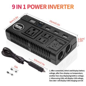 Car Power Inverter 120W 12V 24V DC to 110V AC 4 USB Ports Car Charger Adapter with 3 AC Outlets Dual Cigarette Lighter Charger + Digital LED Display for Phones Tablets PC Laptops (120W)