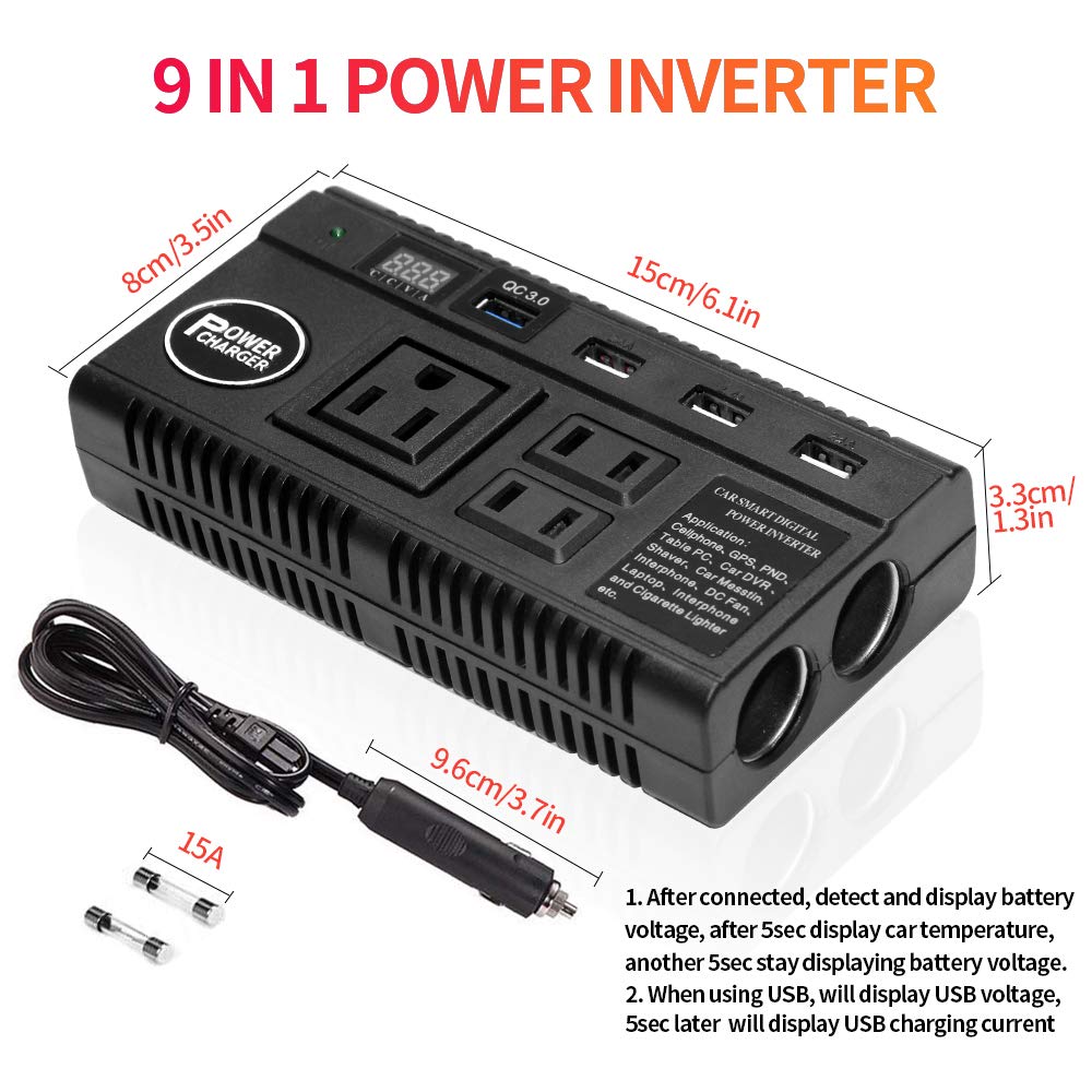 Car Power Inverter 120W 12V 24V DC to 110V AC 4 USB Ports Car Charger Adapter with 3 AC Outlets Dual Cigarette Lighter Charger + Digital LED Display for Phones Tablets PC Laptops (120W)