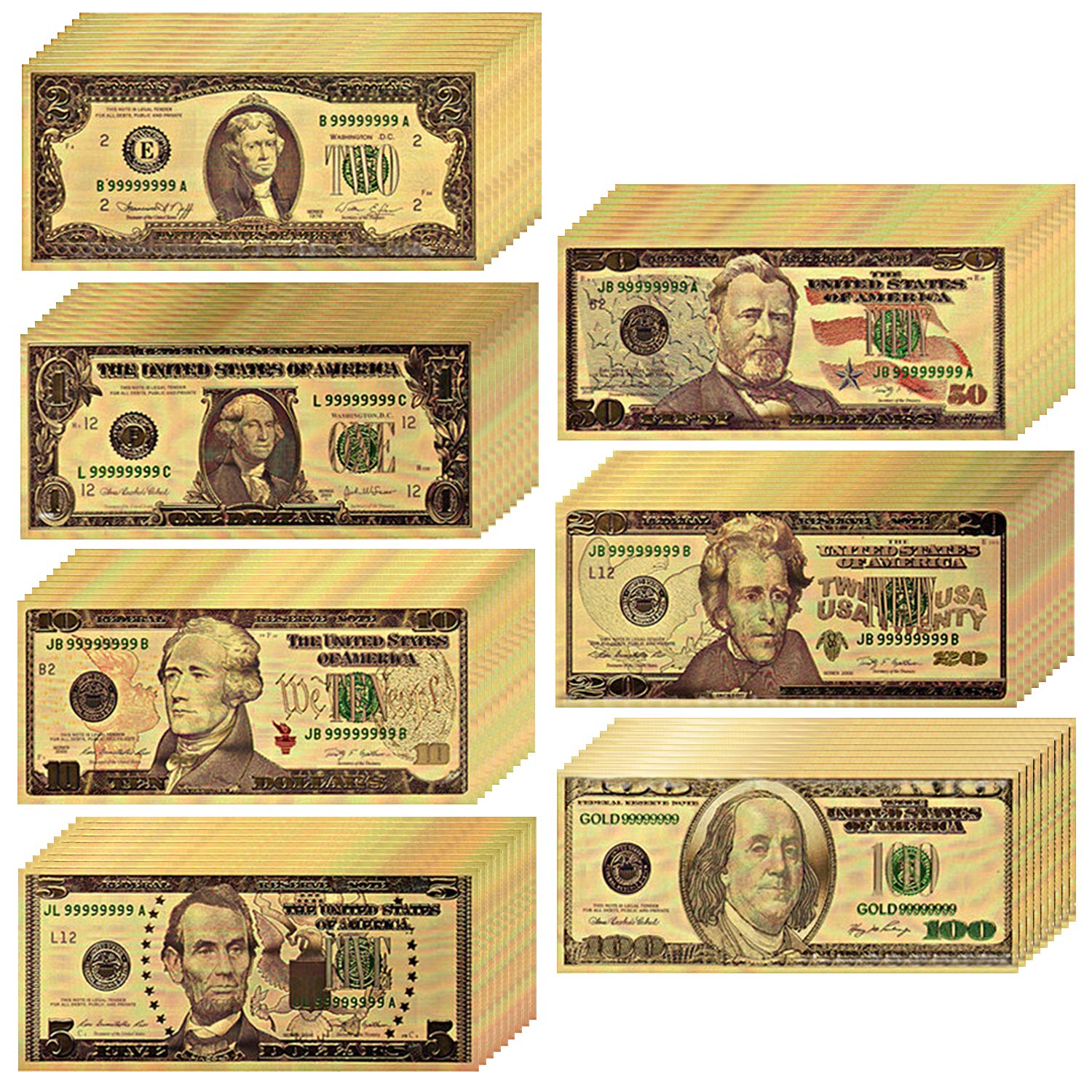 LONG7INES USA President 1/2/5/10/20/50/100 Dollar Bill Banknote, 24k Gold Coated Legacy Limited Edition Chief Executive Banknote Bill Great Gift for Coin Currency Collectors and Republican (70 Pack)