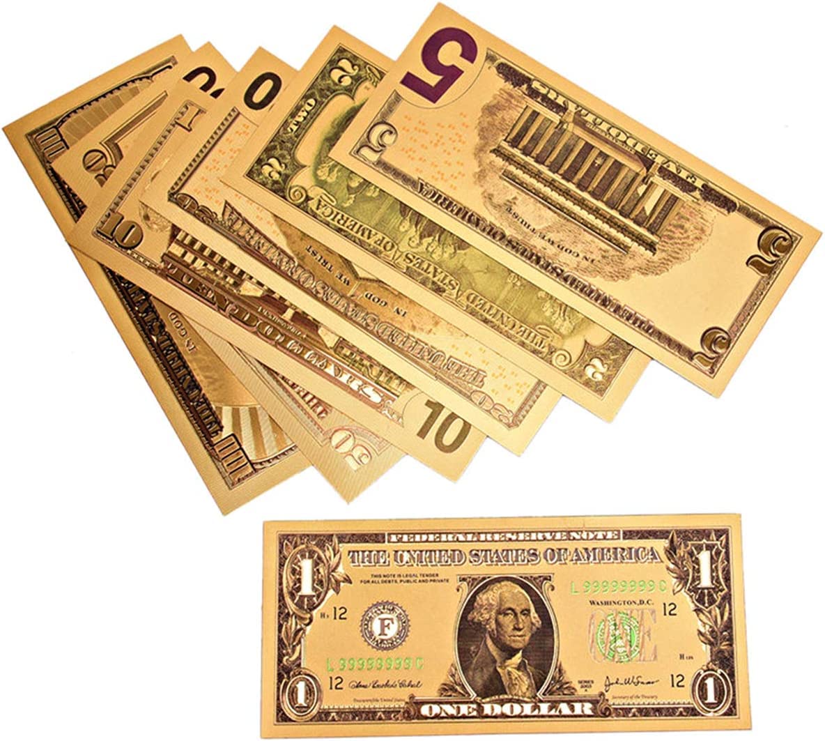 LONG7INES USA President 1/2/5/10/20/50/100 Dollar Bill Banknote, 24k Gold Coated Legacy Limited Edition Chief Executive Banknote Bill Great Gift for Coin Currency Collectors and Republican (70 Pack)