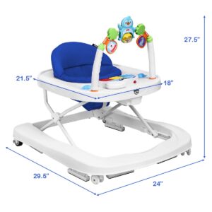 BABY JOY Baby Walker, 2 in 1 Foldable Activity Behind Walker with Adjustable Height & Speed, Friction Control Functions, Safety Belt, High Back Padded Seat, Music, Detachable Penguin Play Bar (Blue)