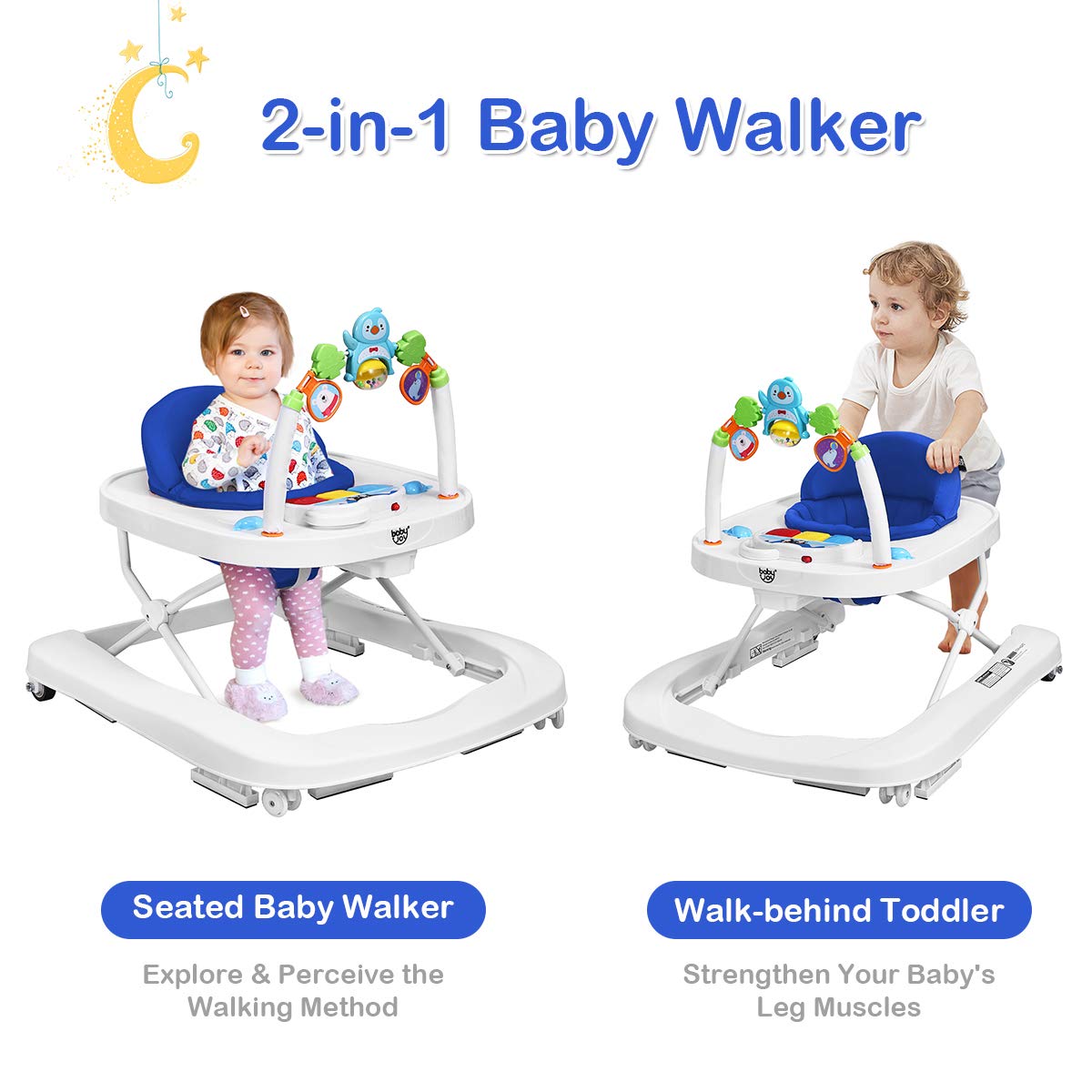 BABY JOY Baby Walker, 2 in 1 Foldable Activity Behind Walker with Adjustable Height & Speed, Friction Control Functions, Safety Belt, High Back Padded Seat, Music, Detachable Penguin Play Bar (Blue)