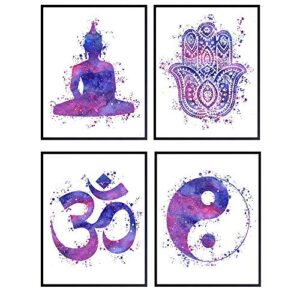 zen meditation buddha art - 8x10 poster set - buddha, yin yang, om, hamsa hand of fatima - new age spiritual gift for buddhist, yoga teacher, instructor, studio - unframed wall decor, room decoration